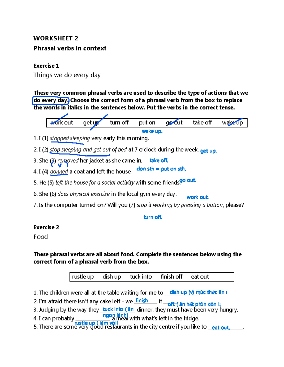 Phrasal Verbs Worksheet 2: Everyday Actions, Food, Travel & Emotions ...
