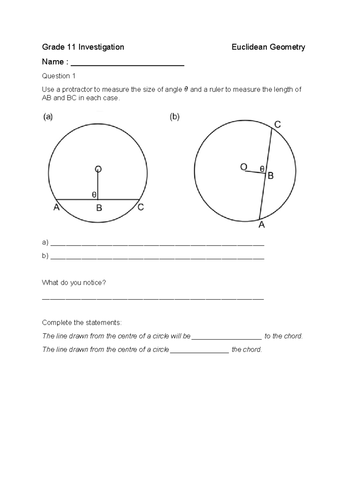 Grade 11 Geometry Investigation: Measuring Angles & Chords - Studocu