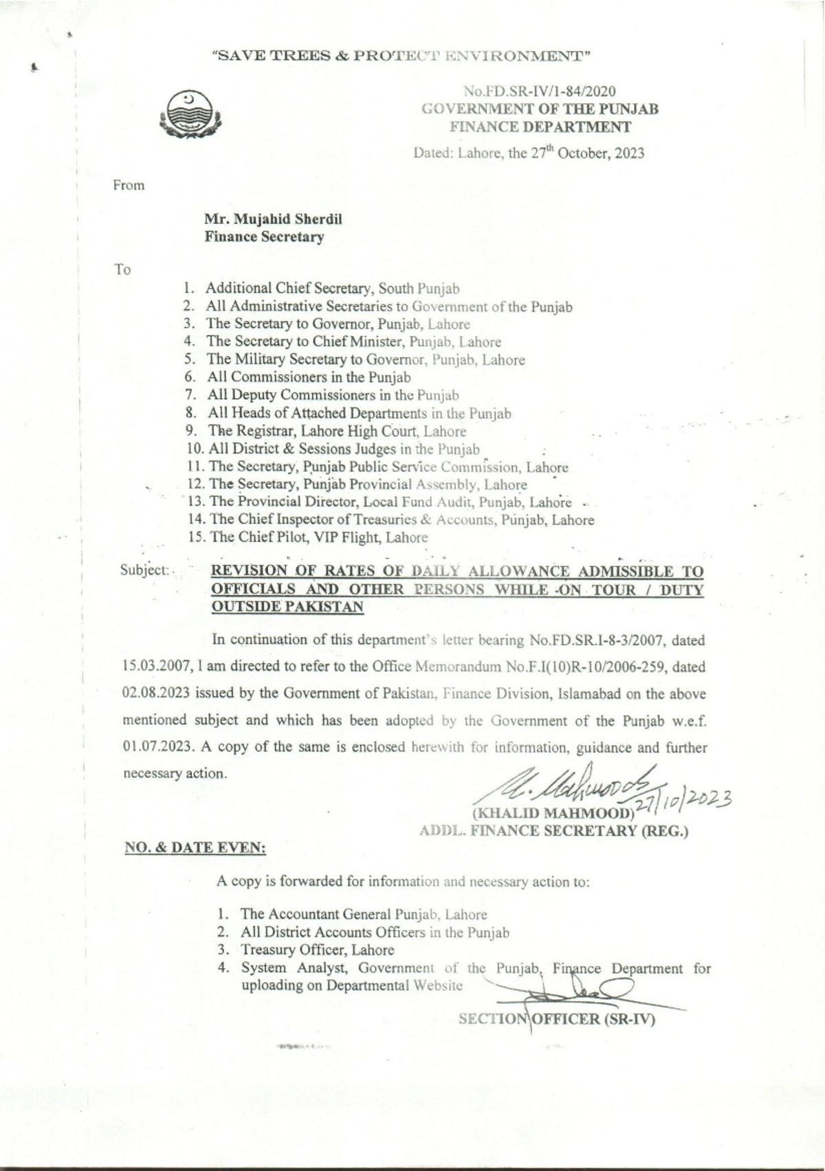 Revision of Daily Allowance Rates for Officials - Punjab Finance Dept ...