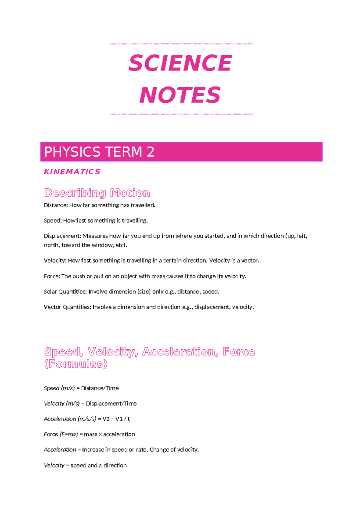Science Notes Physics TERM 2 - SCIENCE NOTES PHYSICS TERM 2 KINEMATICS ...