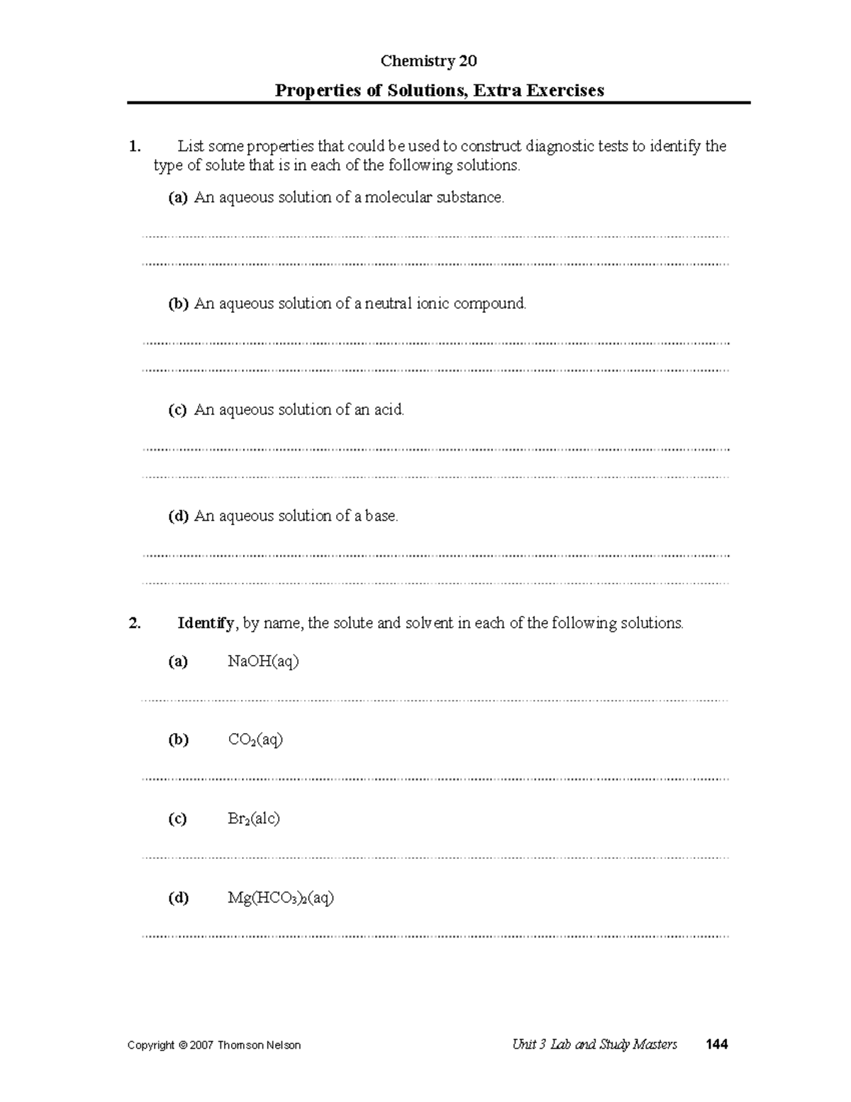 Chemistry 20: Properties of Solutions - Extra Exercises & WS 1 - Studocu