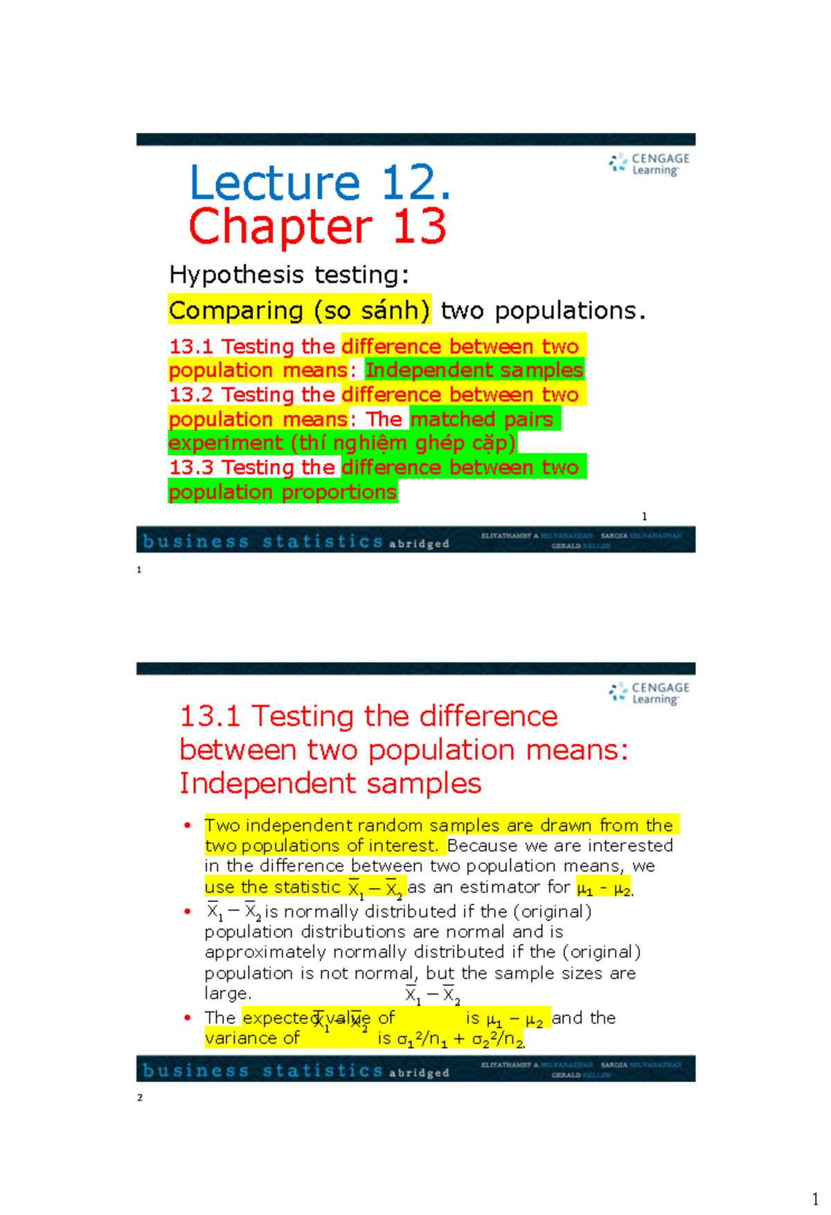 Lecture 12: Chapter 13 Hypothesis Testing for Two Populations - Studocu