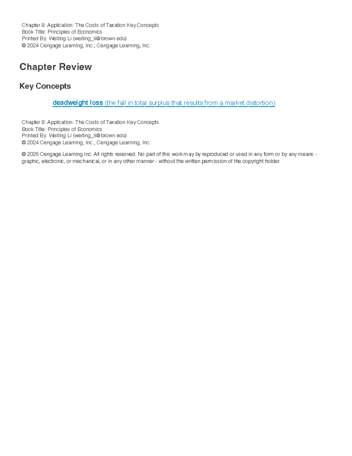 Principles of Economics - Chapter 8: The Costs of Taxation Key Concepts ...