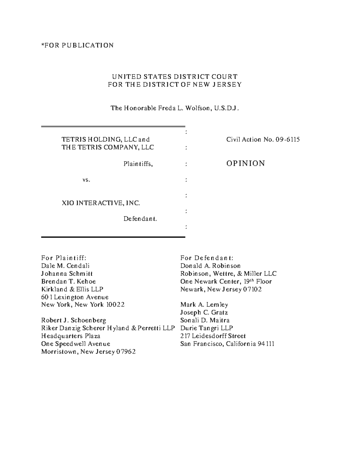 TETRIS HOLDING, LLC vs. XIO INTERACTIVE: Summary Judgment Opinion - Studocu