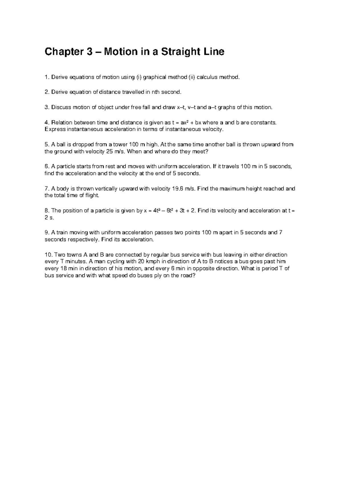 Class 11 Physics: Most Important Questions on Motion in a Straight Line ...