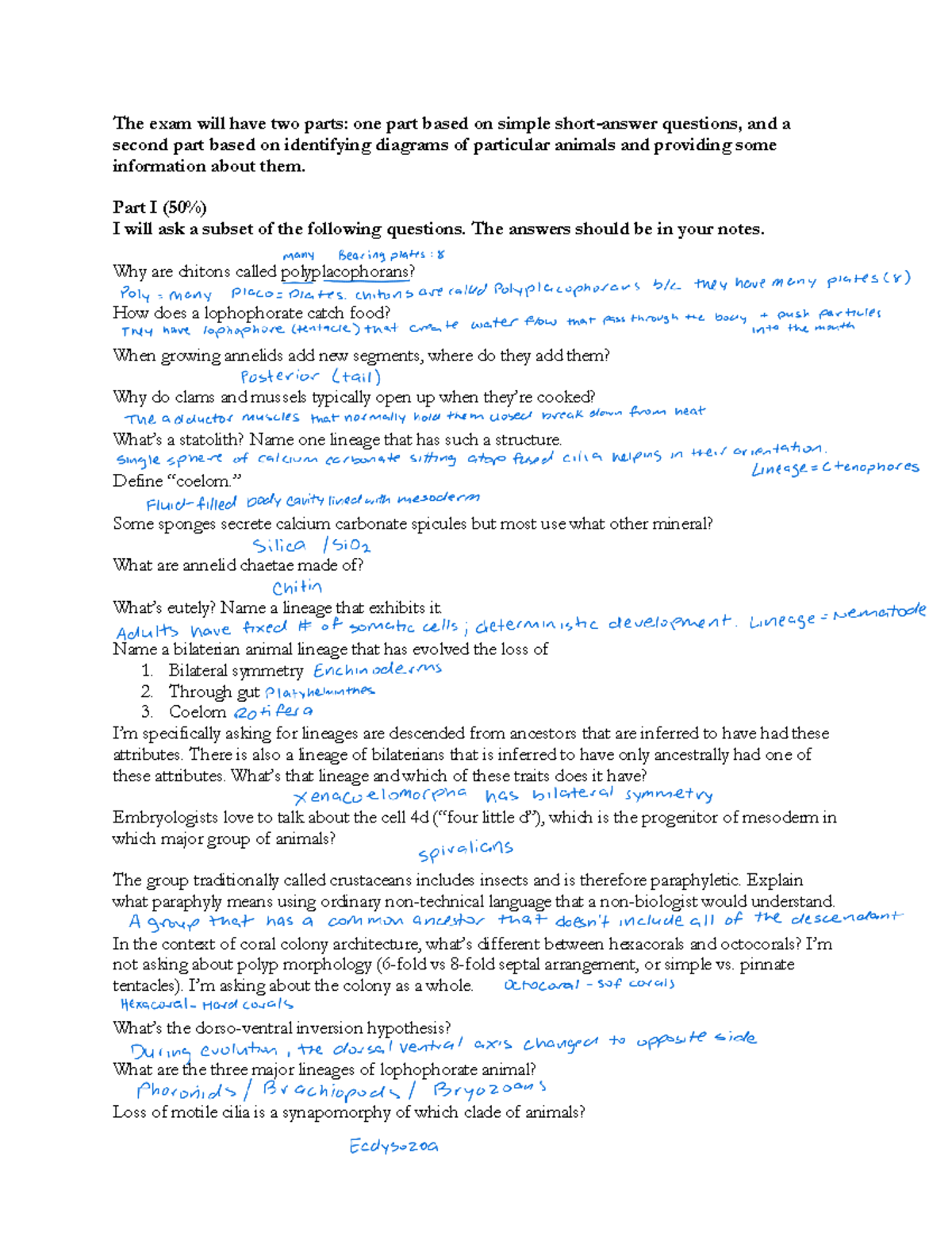 Zoology 2024 Final Exam Study Guide: Key Concepts & Questions - Studocu