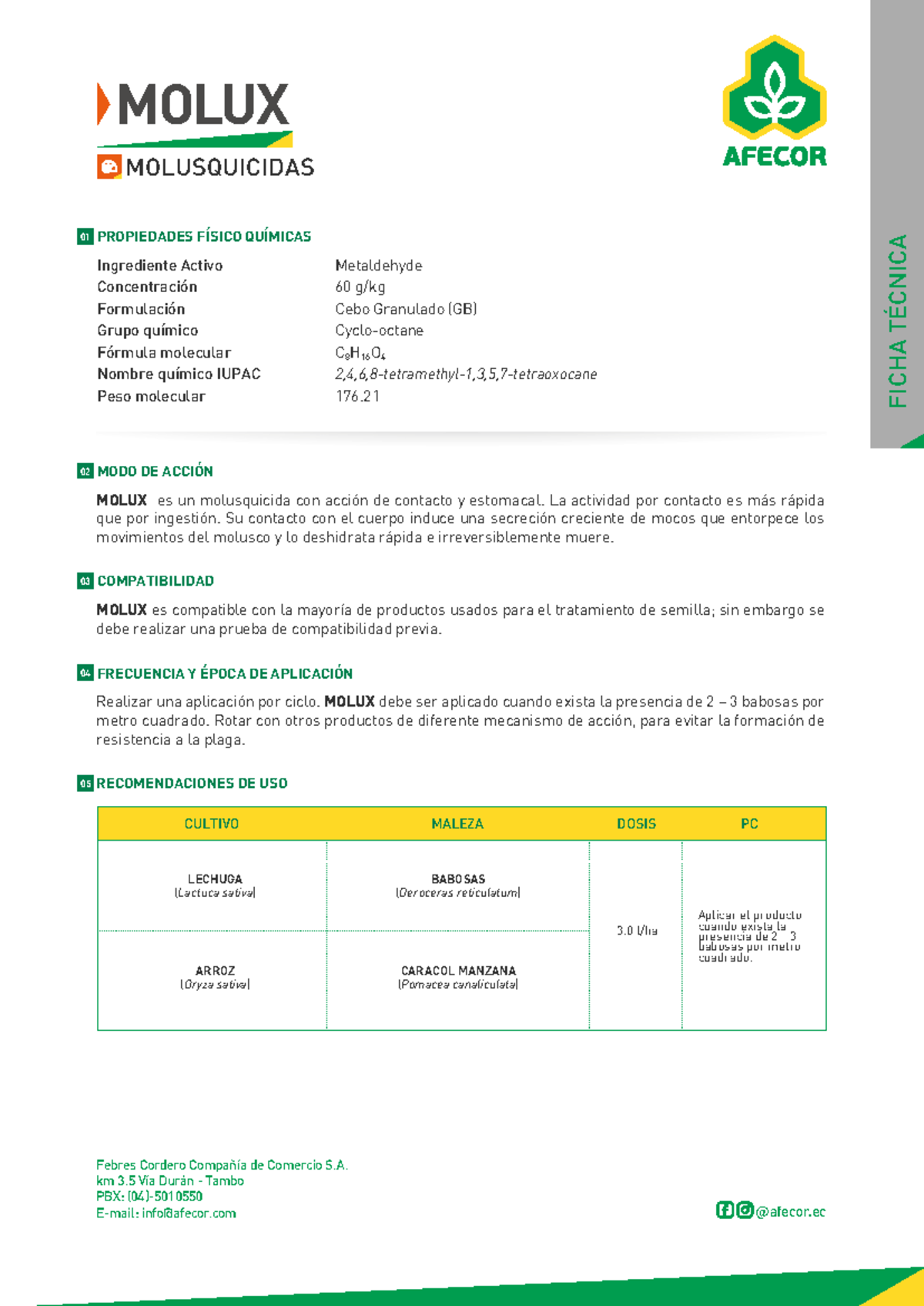 Ficha Técnica de MOLUX: Molusquicida y su Aplicación - Studocu