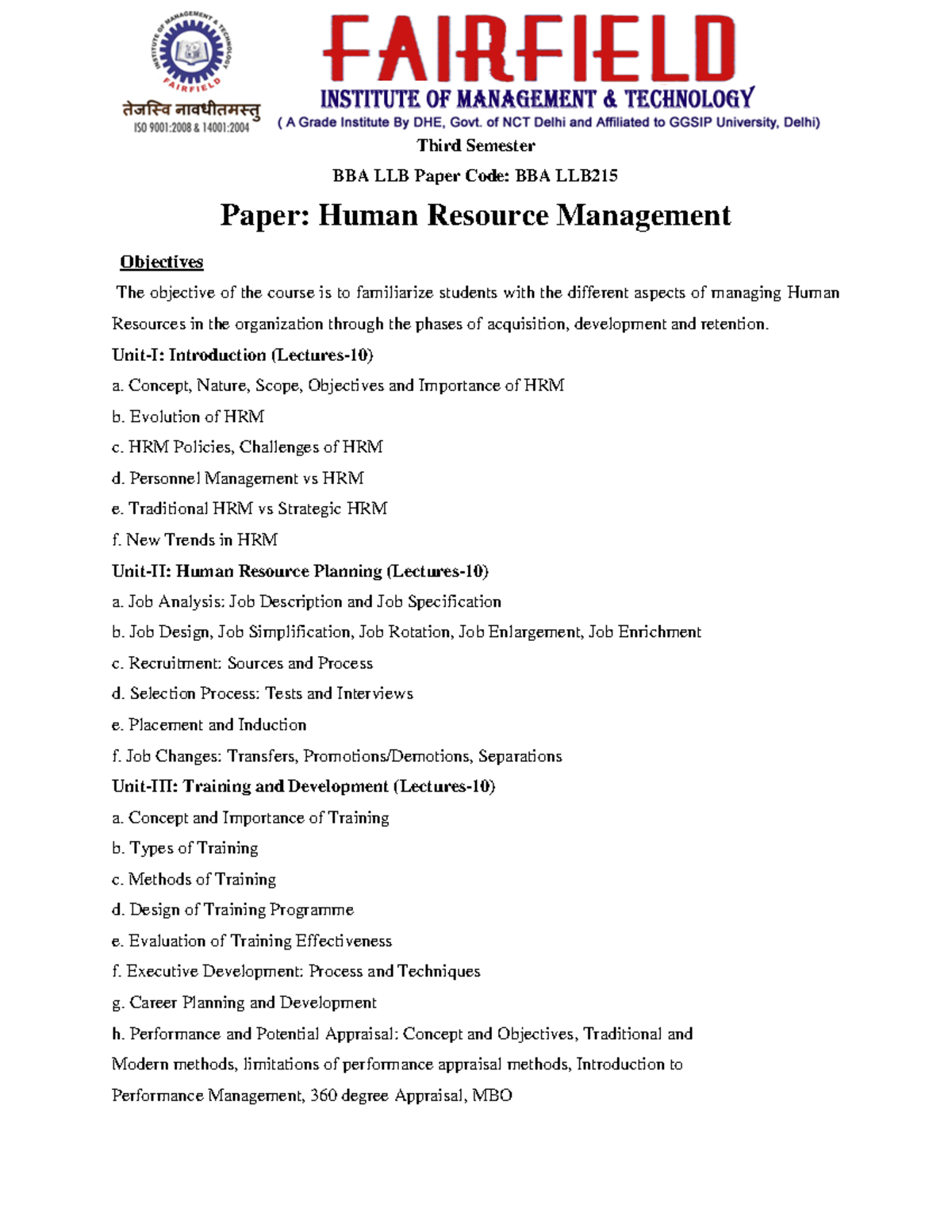 BBA LLB (HRM) Notes: Comprehensive Overview of Human Resource ...