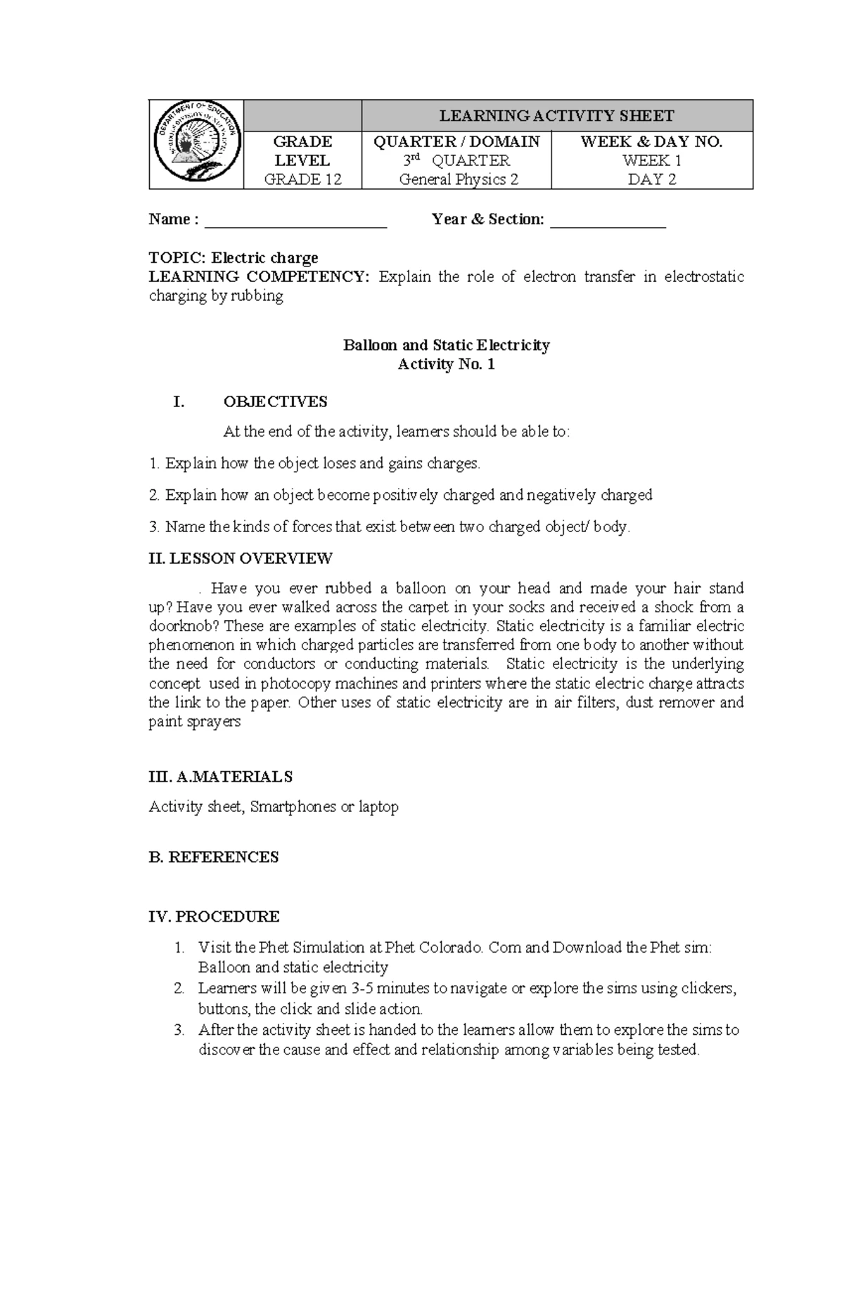 Activity Sheet on Coulomb's Law for G12 Physics (STEM_GP12EMIIIa) - Studocu