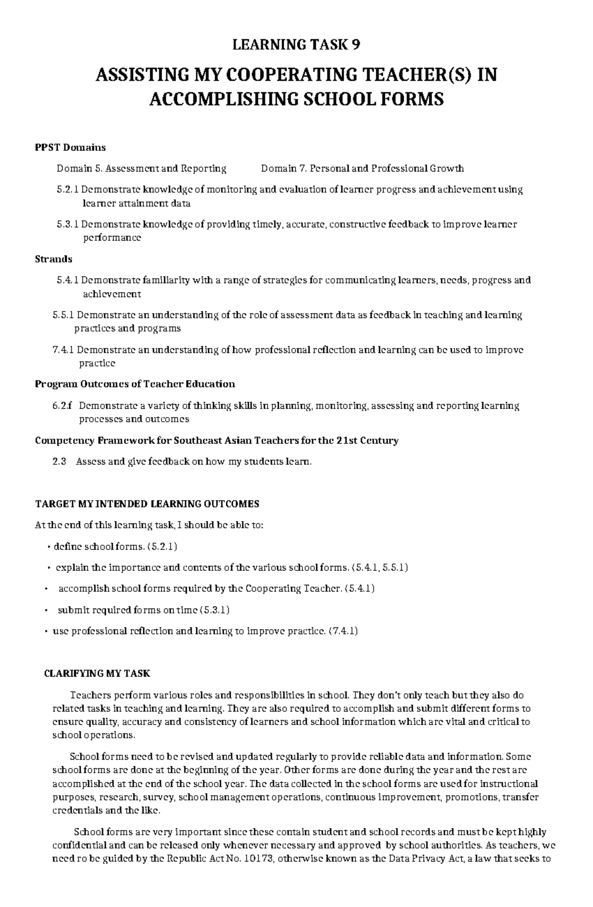 Practice Teaching Learning Tasks 9-12: Accomplishing School Forms - Studocu