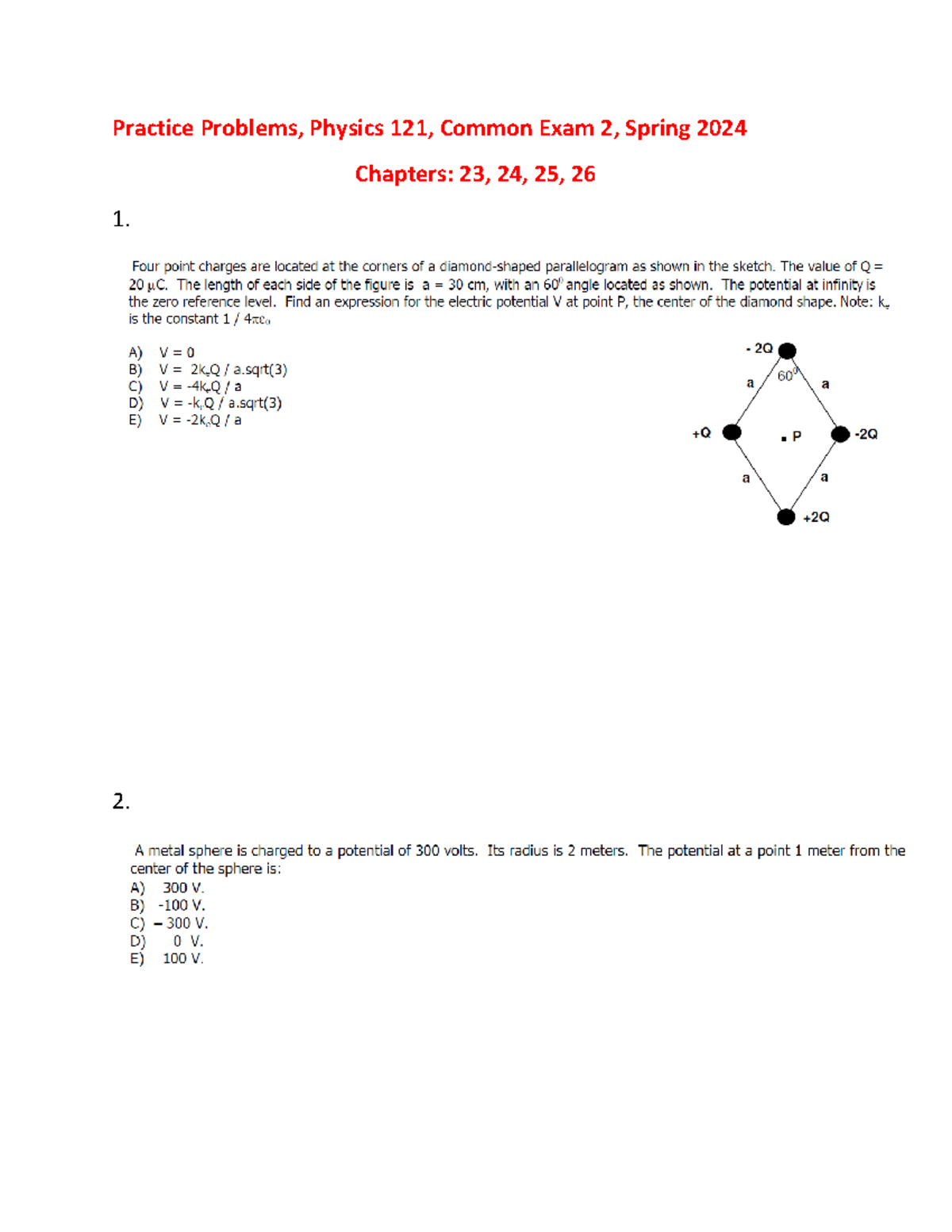 Physics 121 Practice Problems for Common Exam 2, Spring 2024 - Studocu