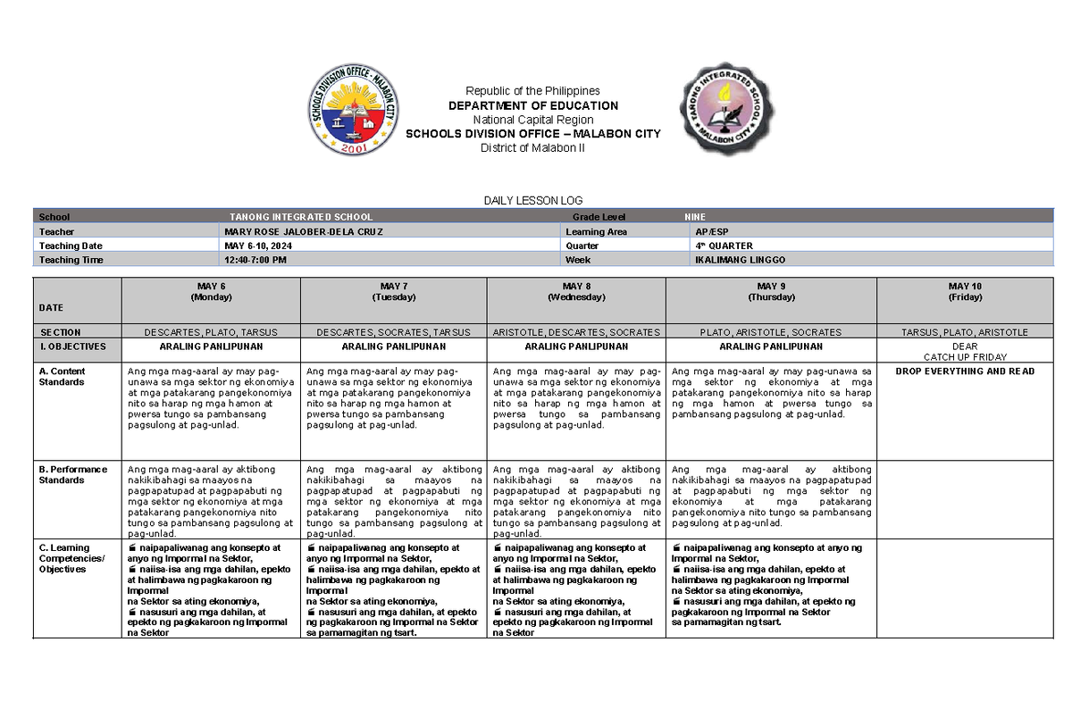 4th Quarter AP 9 Daily Lesson Log: Week 5 (May 6-10, 2024) - Studocu