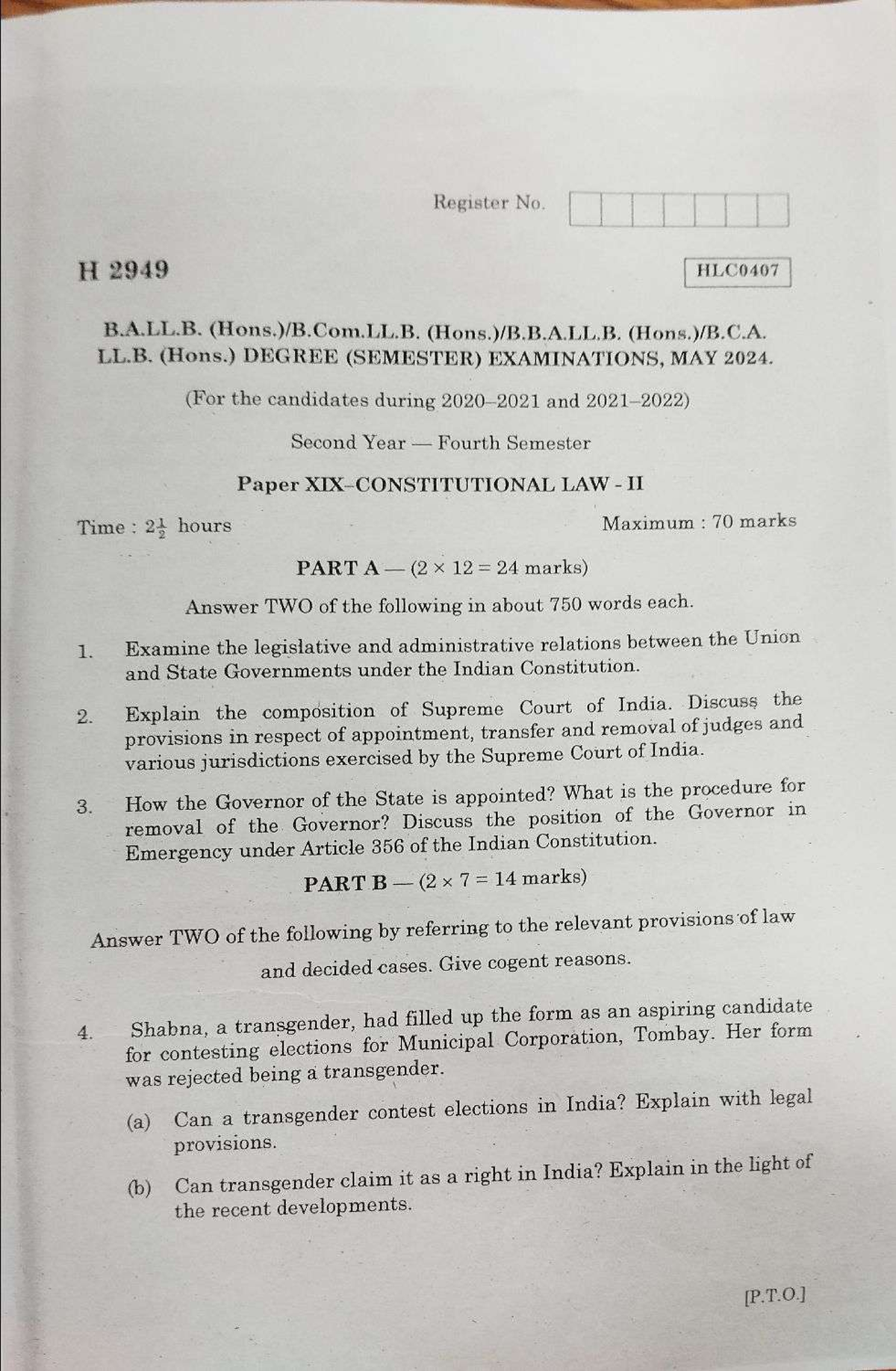Constitutional Law II Old Sem Question papers - Register No. H 2949 ...