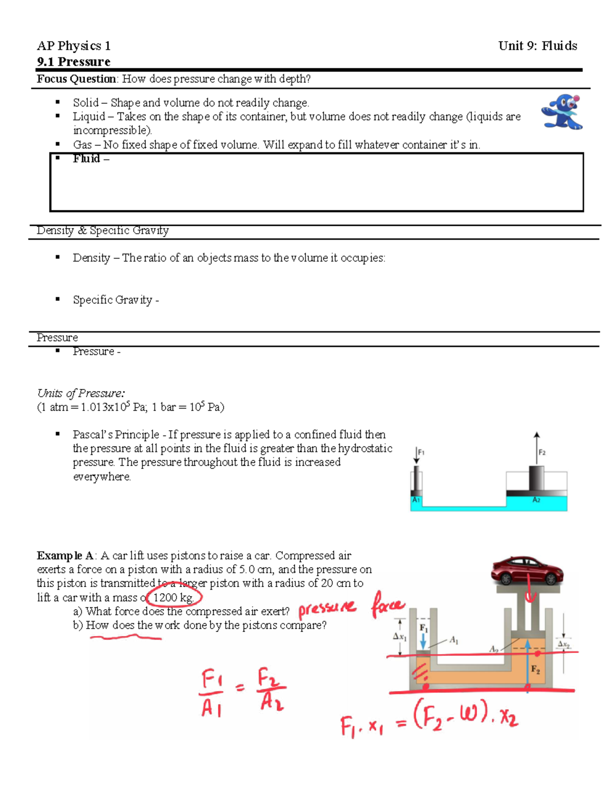 AP Physics 1 Unit 9 Notes: Pressure and Buoyancy in Fluids - Studocu
