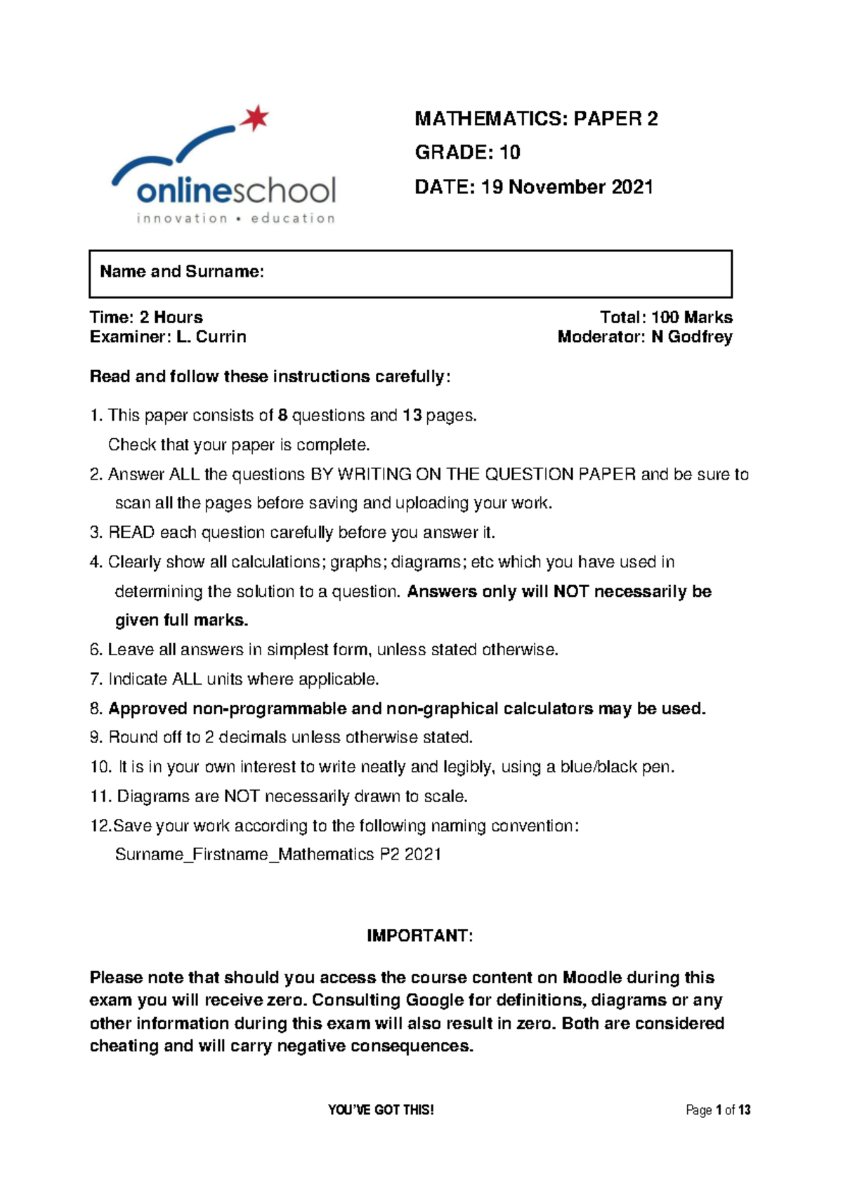 Gr 10 P2 2021 - Math Paper 2 - Time: 2 Hours Total: 100 Marks Examiner ...