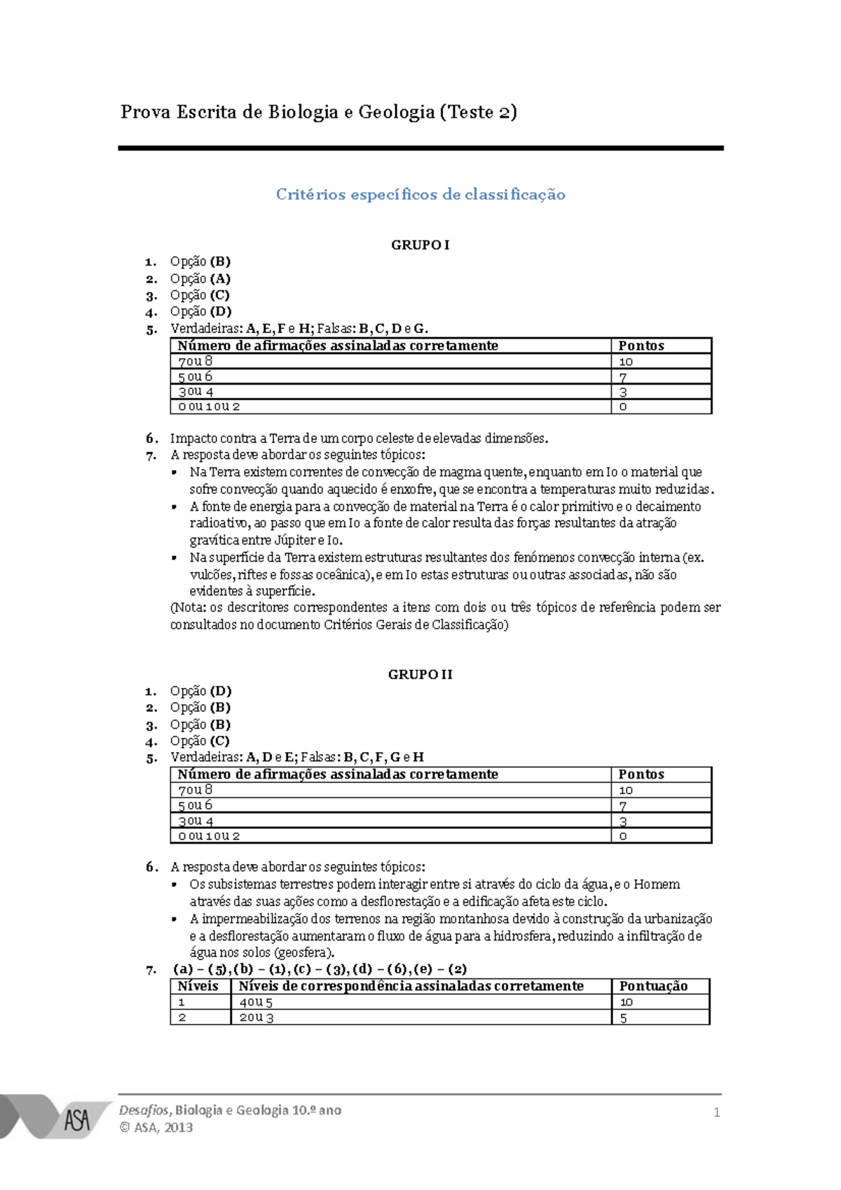 Teste 10.2 leya correção - Desafios, Biologia e Geologia 10.º ano © ASA ...