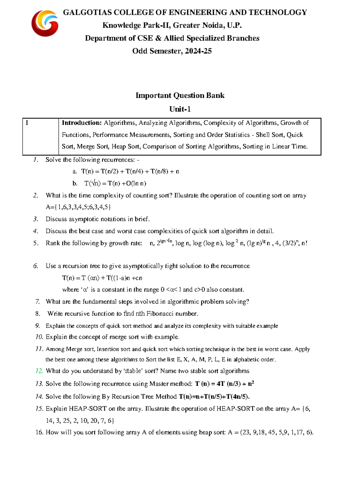 DAA Imp Ques Bank: Algorithms, Data Structures & Complexity Analysis ...