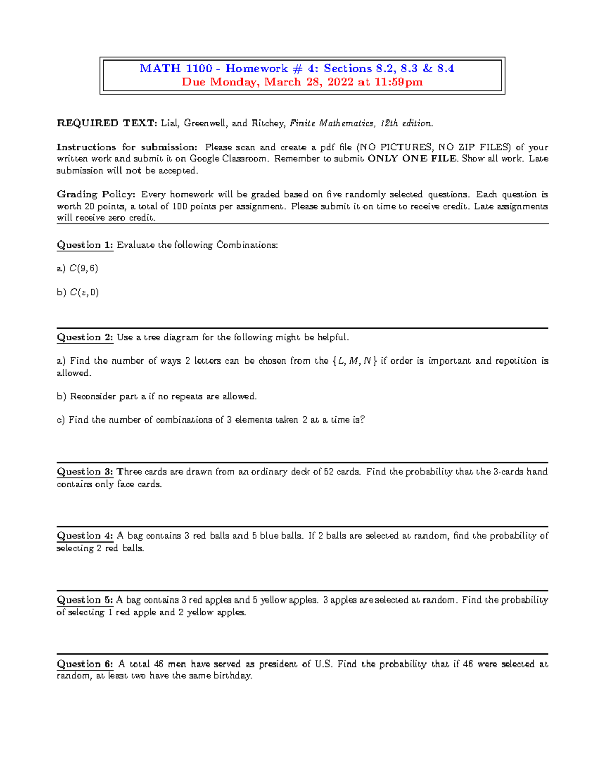MATH 1100 - Assignment 4: Combinations & Probability Problems - Studocu