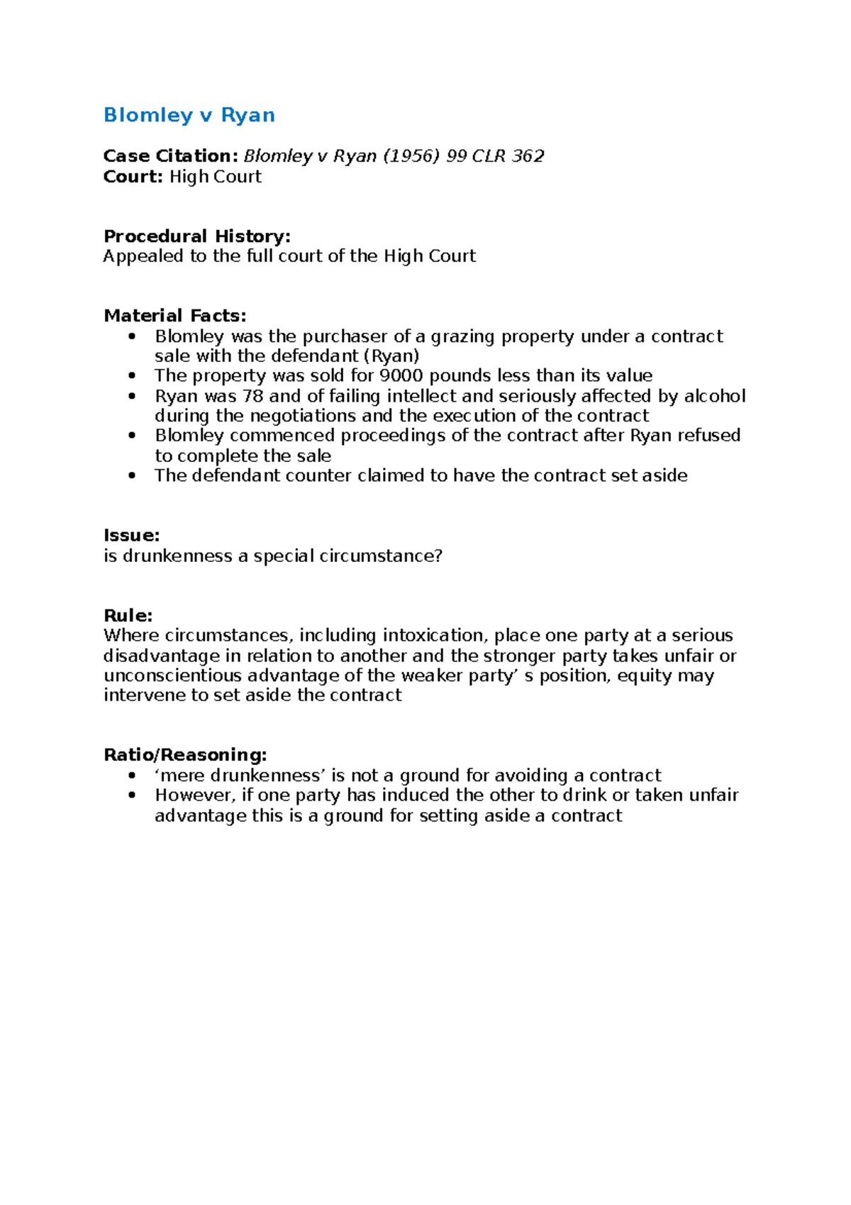 Blomley v Ryan (1956) Case Summary: Legal Principles & Impact - Studocu