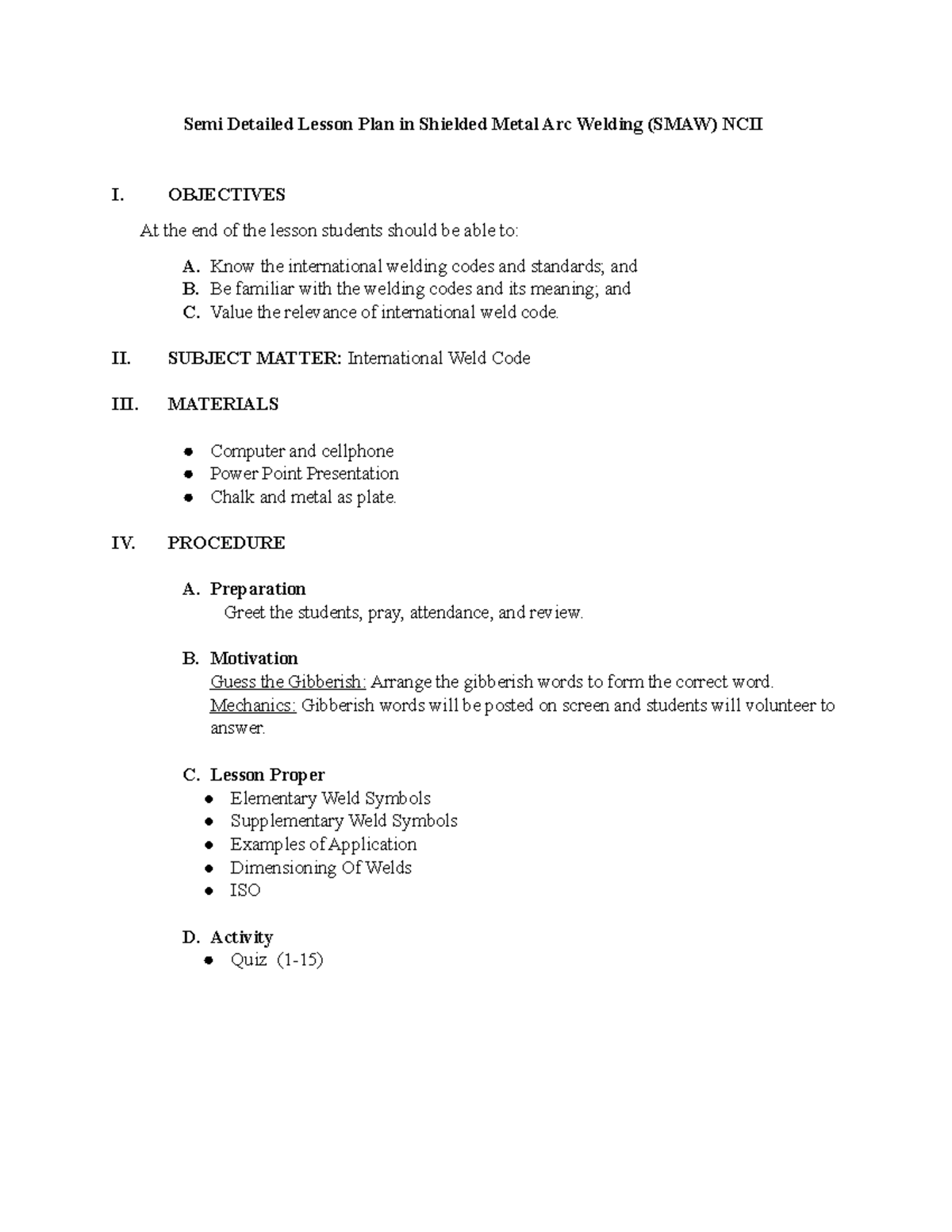 Semi Detailed Lesson Plan in SMAW II: International Weld Standards ...