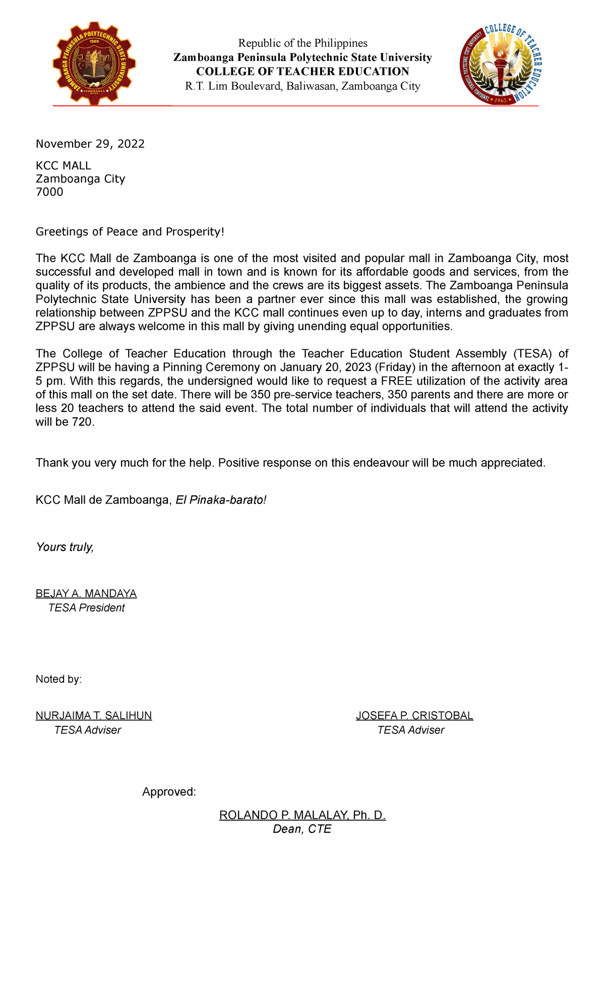 Letter for the KCC - Republic of the Philippines Zamboanga Peninsula ...