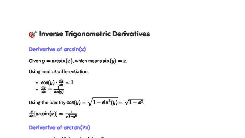 Inverse Trig & Logarithm Derivatives Overview (MATH 101) - Studocu