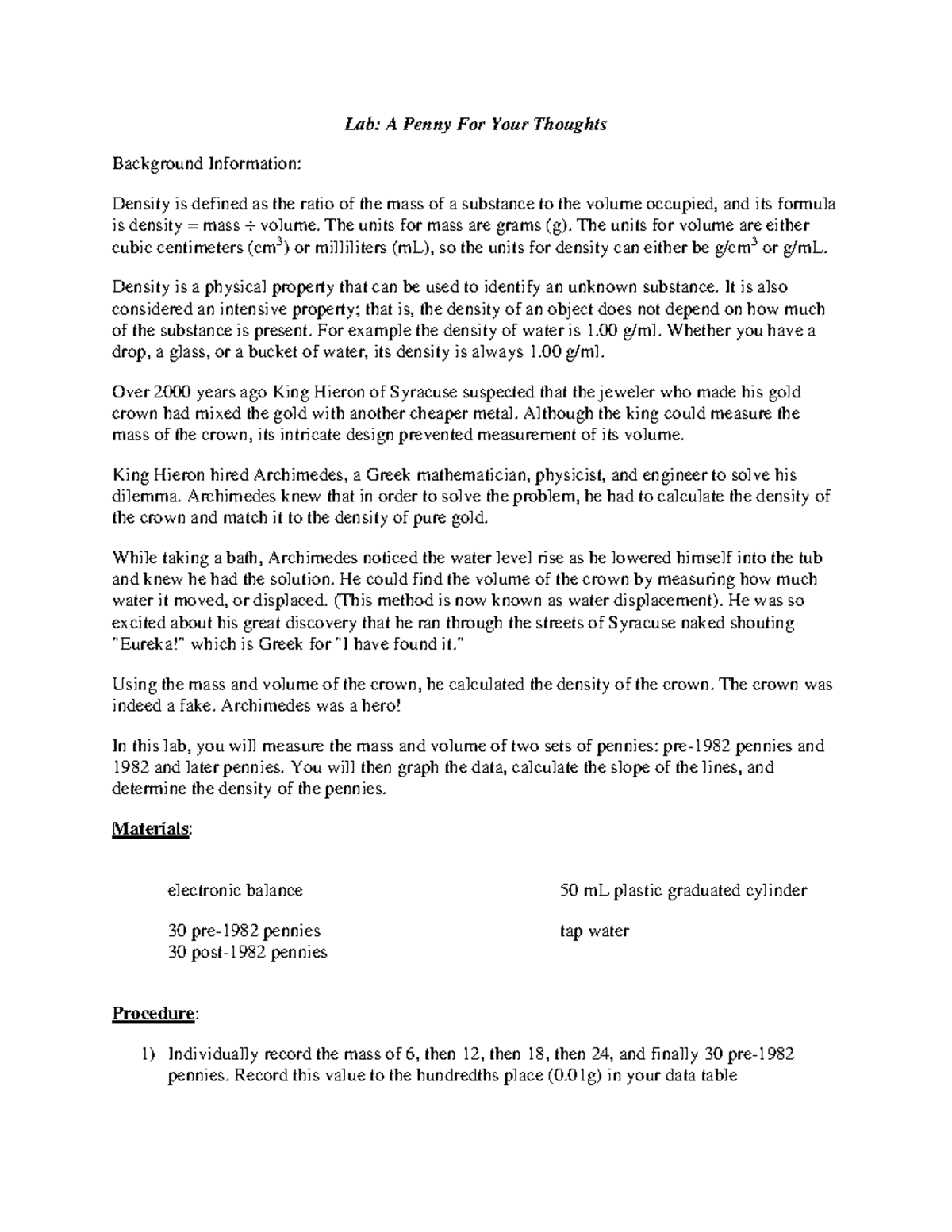 Chem 101 Lab: Density Analysis of Pre- and Post-1982 Pennies - Studocu