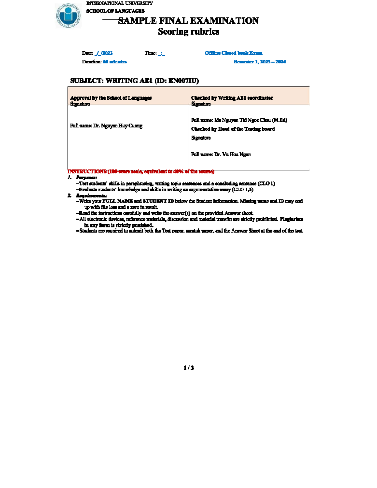AE1 Writing Final Exam Sample Test 2324S2 Scoring Rubrics - Studocu