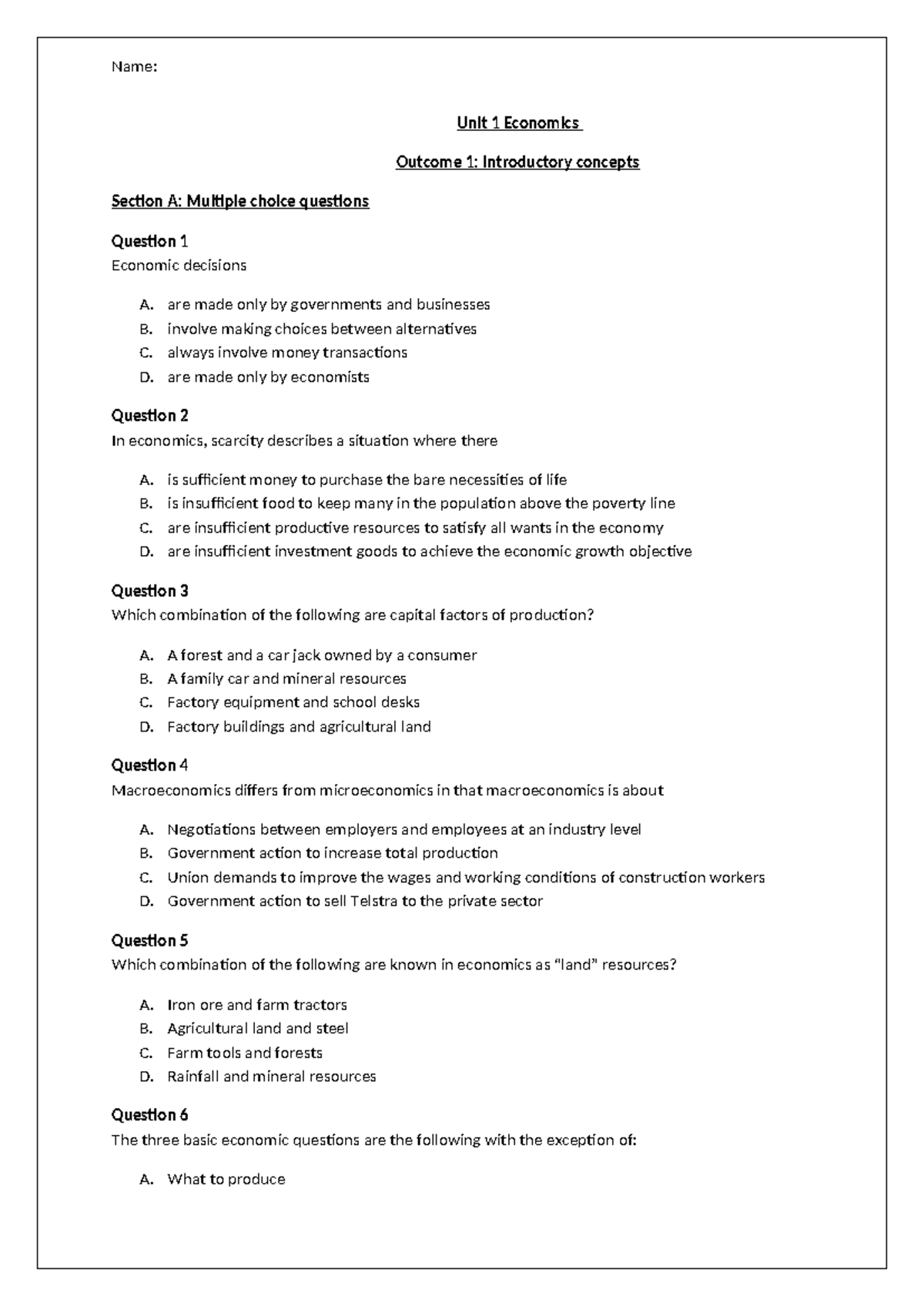 Unit 1 Economics Outcome 1: Introductory Concepts Review Test - Studocu