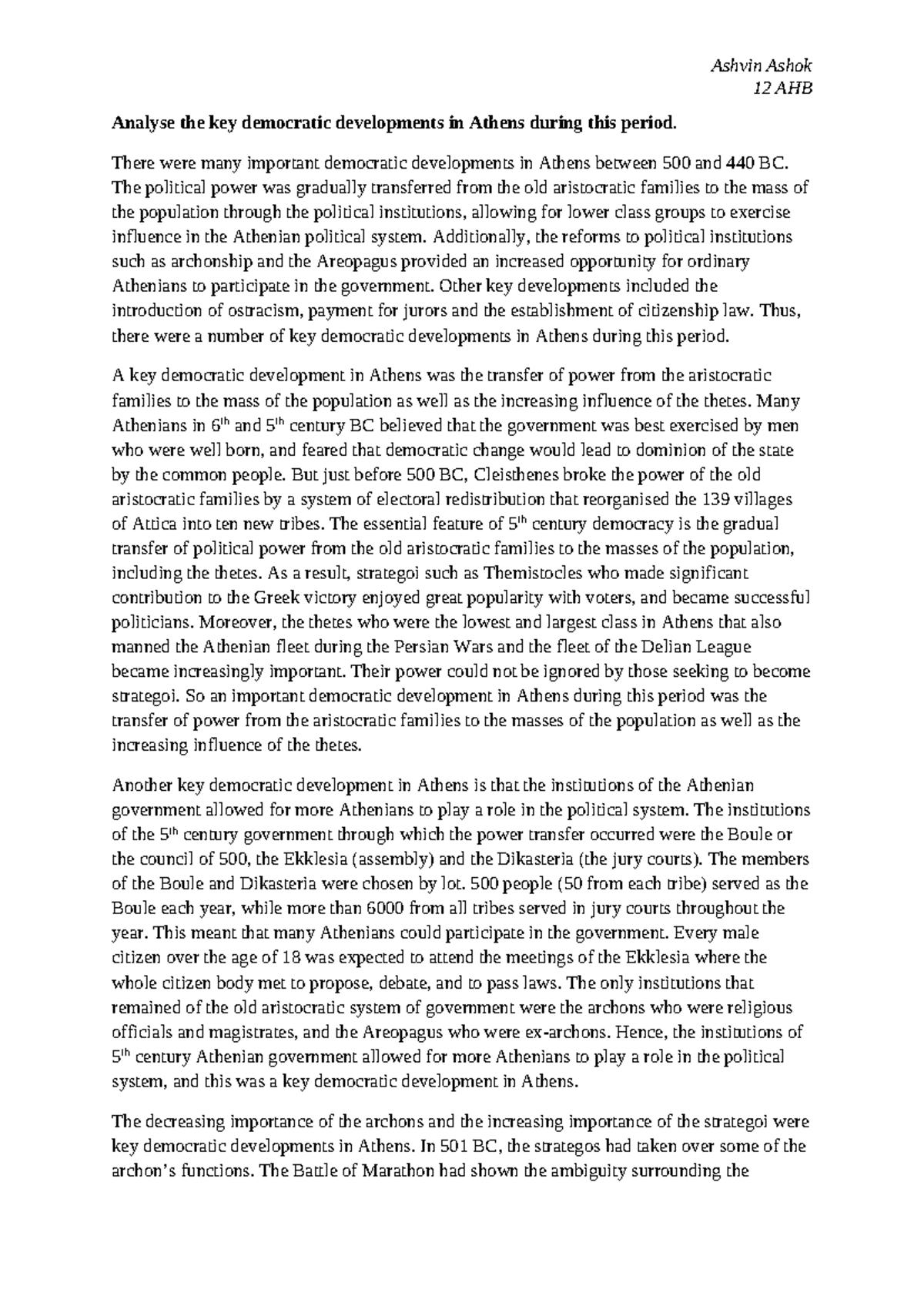 12 AHB Key Democratic Developments in Athens (500-440 BC) - Studocu