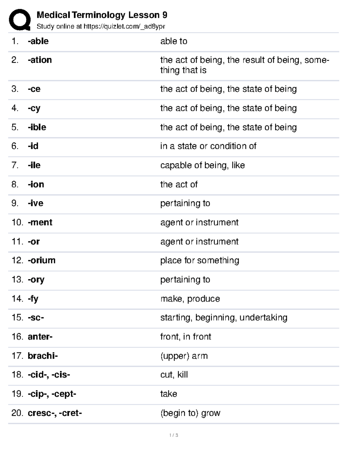 Medical Terminology Lesson 9: Key Roots and Affixes Review - Studocu