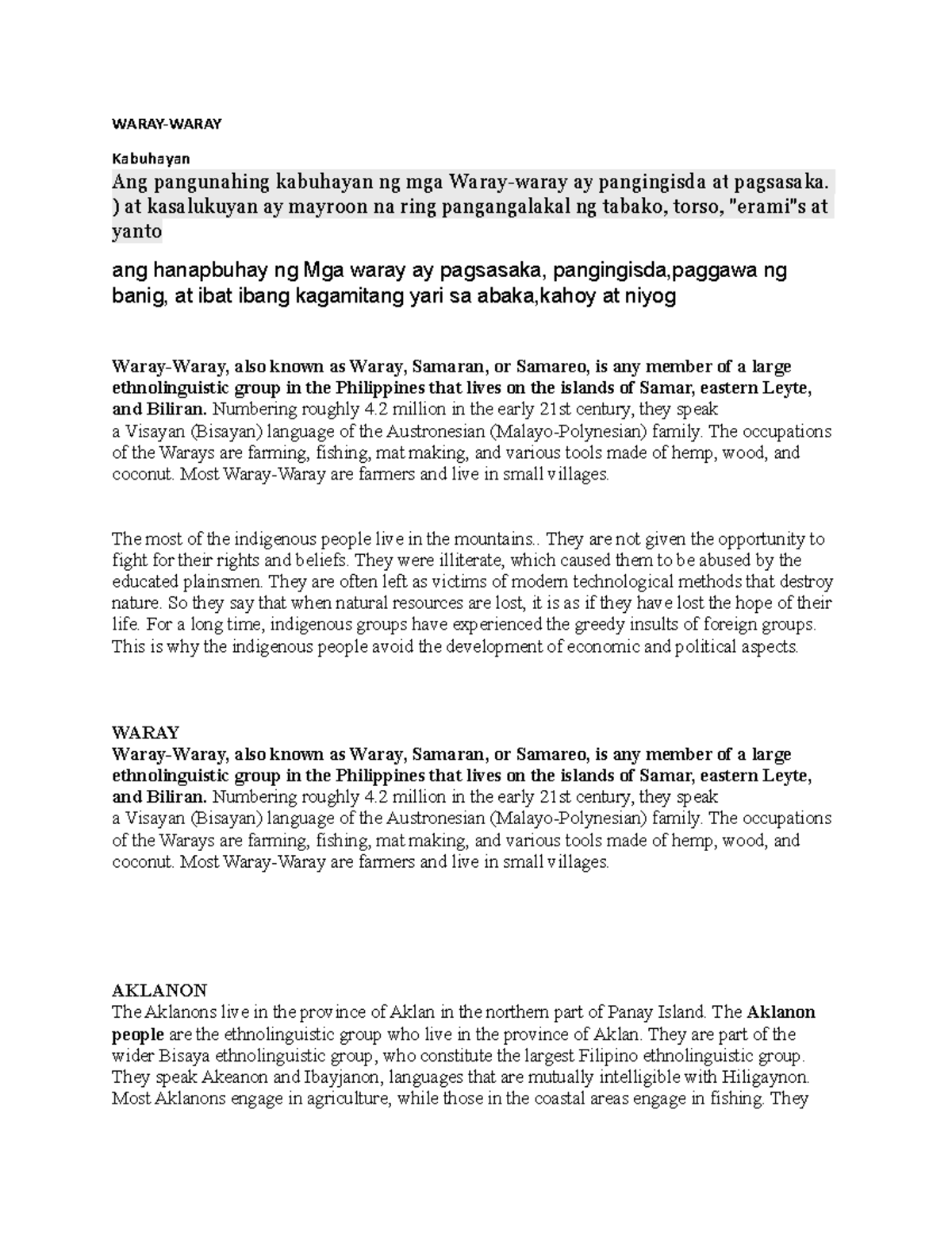 Waray-Waray Ethnolinguistic Group: Culture & Livelihoods Insights - Studocu