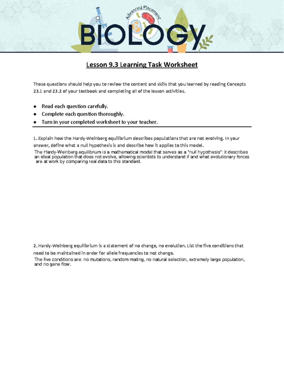 APBIO 9.5 Lesson 9.3 Learning Task Worksheet on Equilibrium - Studocu