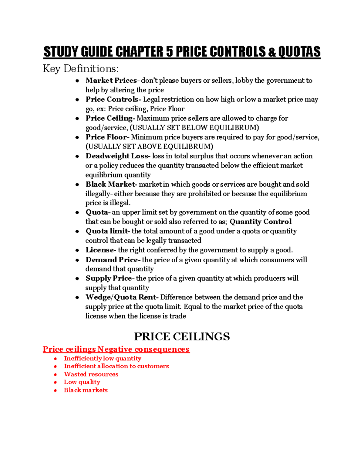 Study Guide: Chapter 5 - Price Controls & Quotas Analysis - Studocu