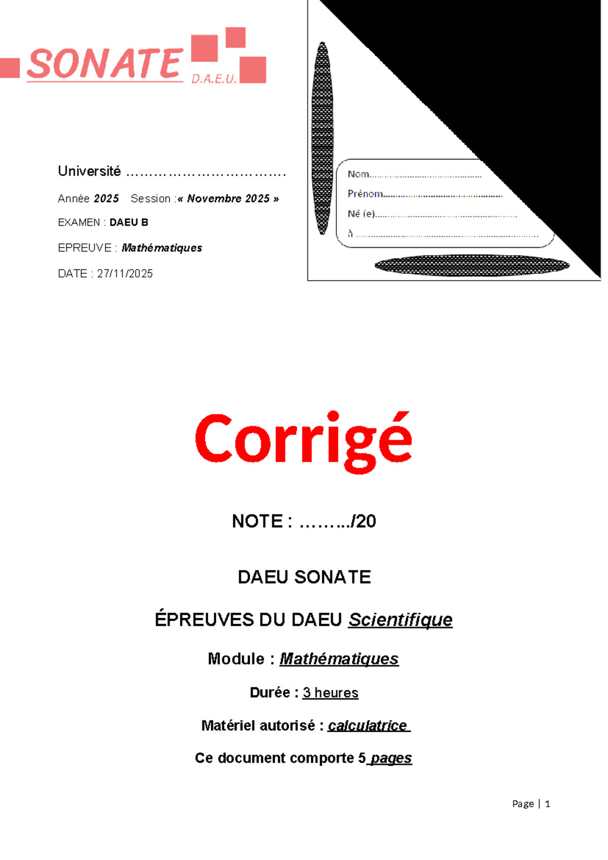 DAEU B Mathématiques - Corrigé de l'Examen Novembre 2025 - Studocu
