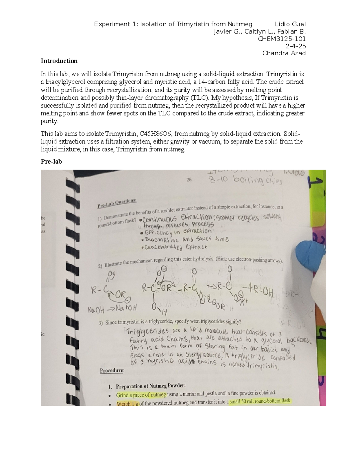 Lab Report: Isolation of Trimyristin from Nutmeg - CHEM3125 - Studocu