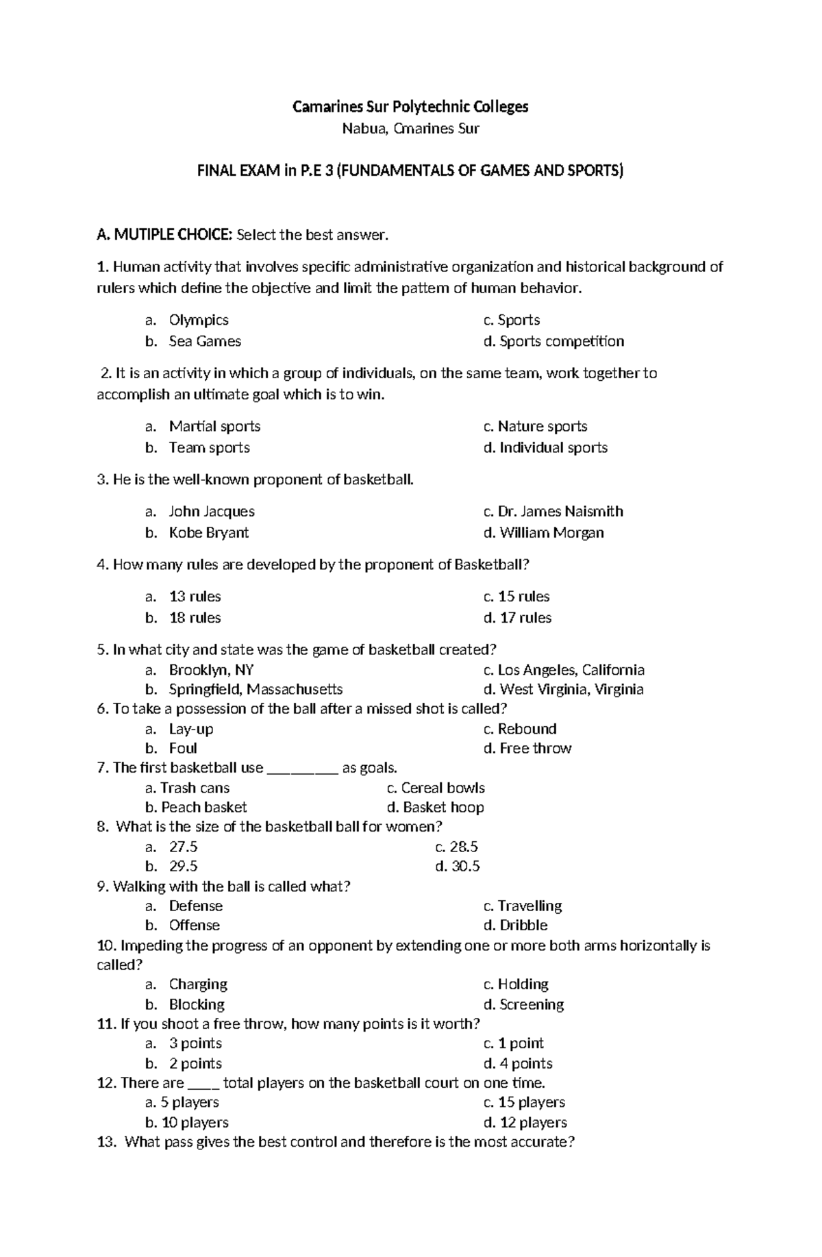 PE 21 Final Exam in P.E. 3: Fundamentals of Games & Sports - Studocu