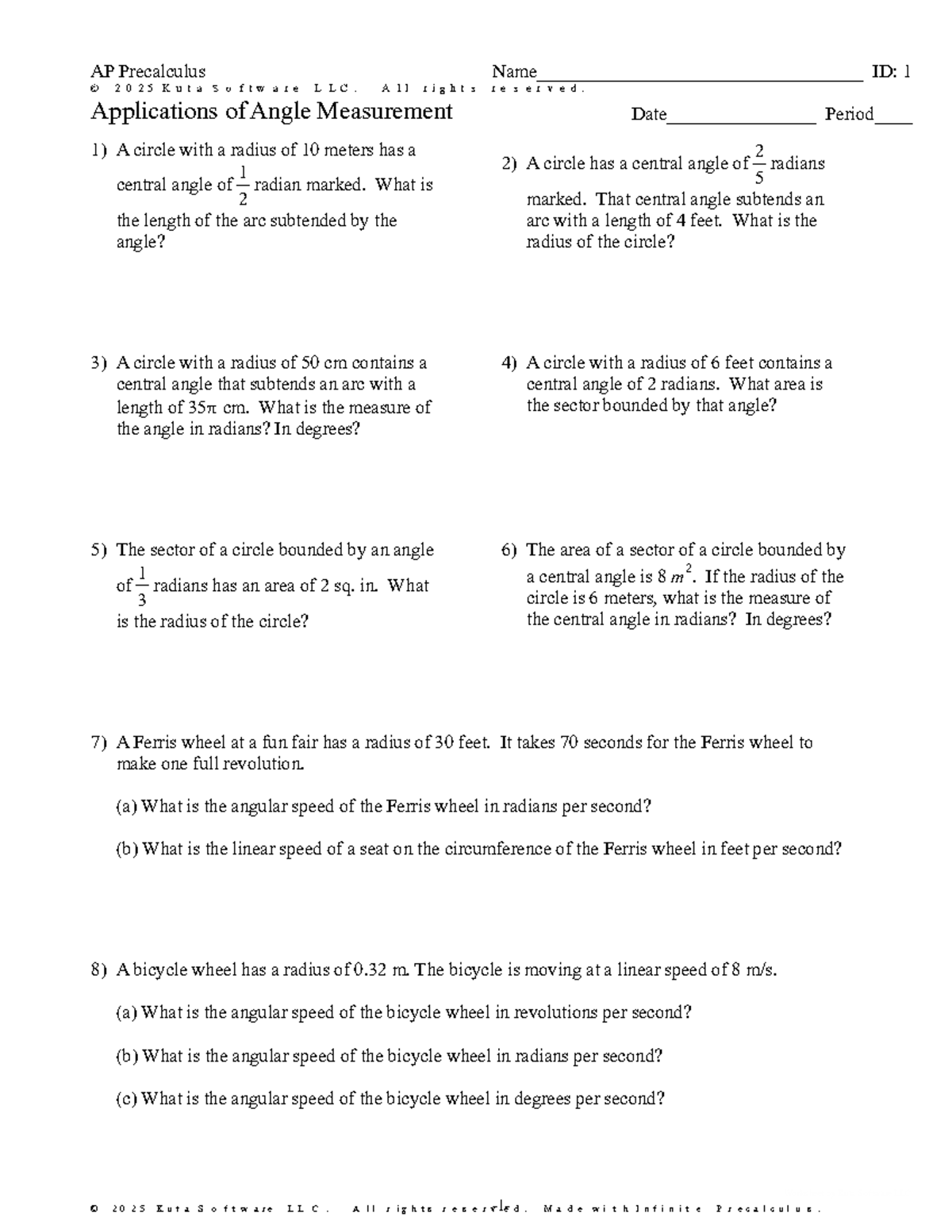 AP Precalculus: Applications of Angle Measurement Worksheet - Studocu