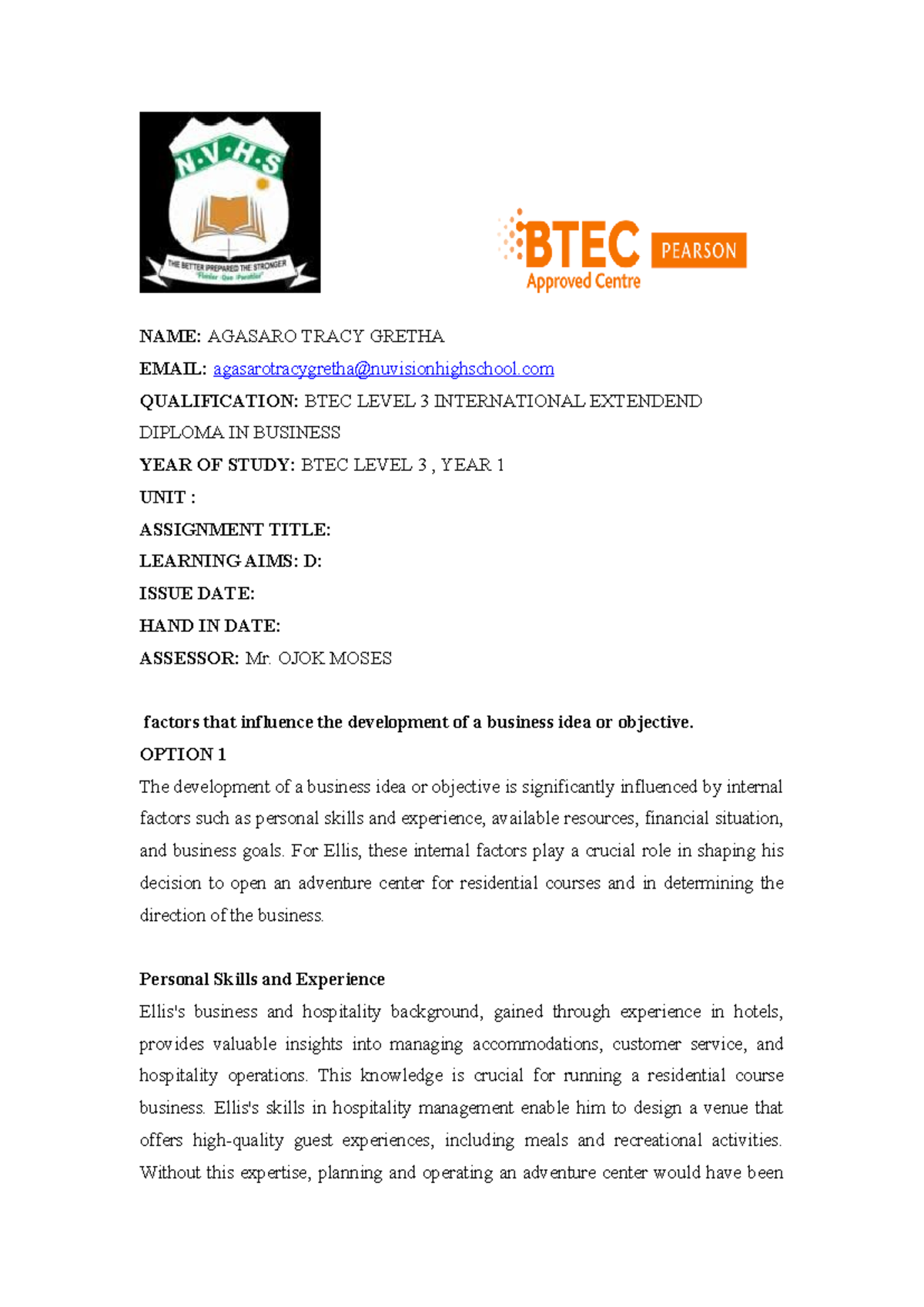BTEC Level 3 Business Assignment: Factors Influencing Business ...