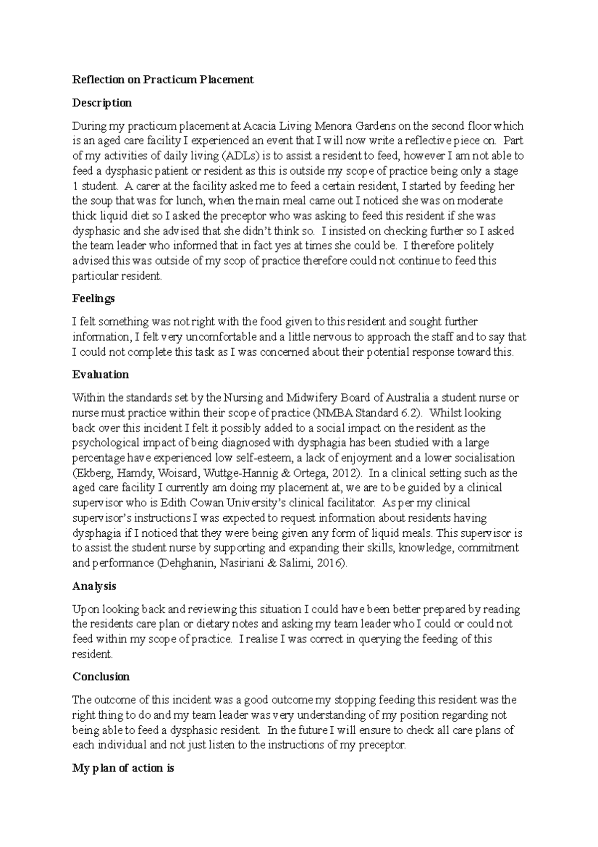 Reflection on Practicum Placement - Part of my activities of daily ...