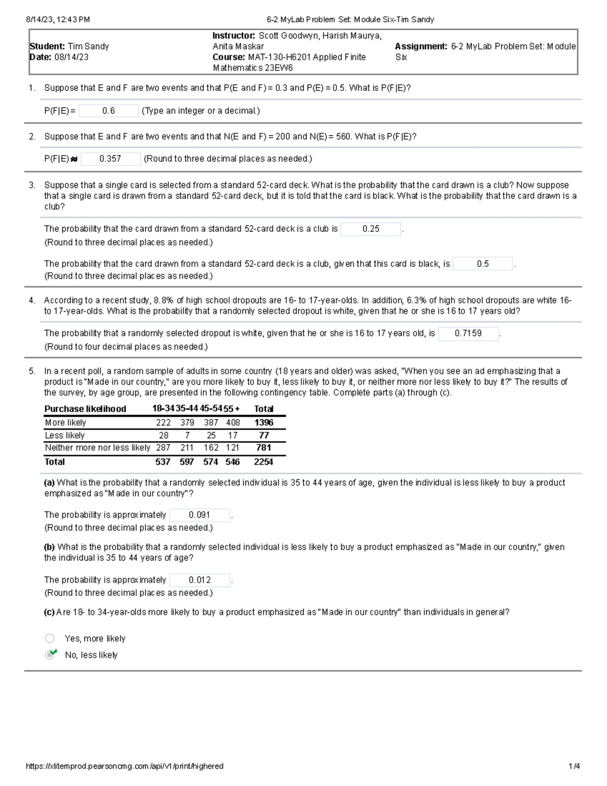 5-2 My Lab Problem Set Module Five - 1. 2. 3. Student: Tim Sandy Date ...
