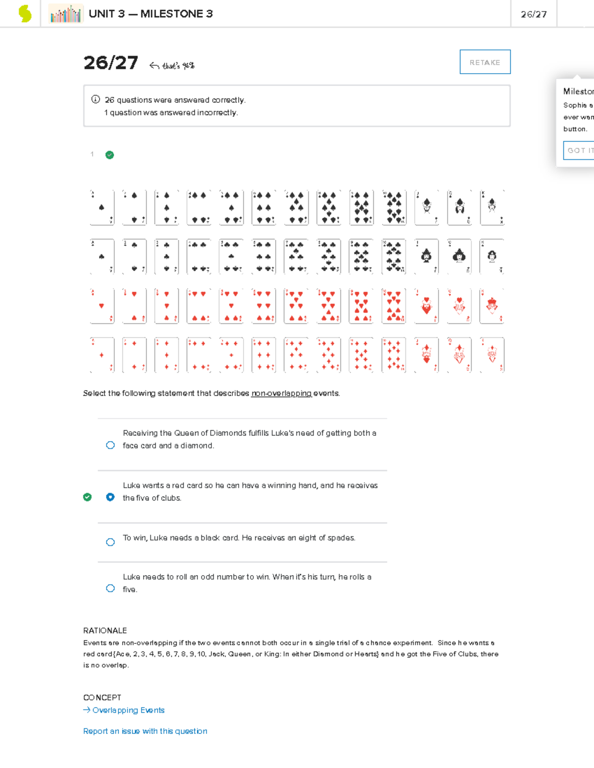 Sophia Practice real Milestone 3 Mat 240 - 1 CONCEPT → Overlapping Events 26/27 that's 96% ...