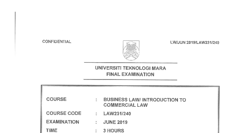 LAW240 FINAL EXAMINATION JUNE 2019 - Past Year Questions - Studocu