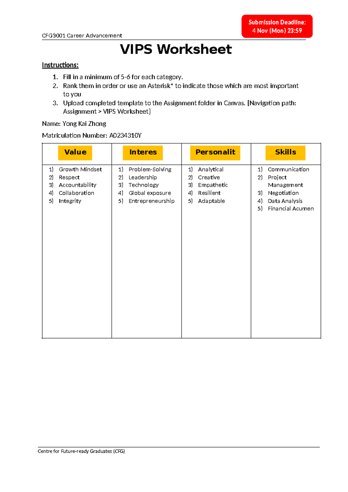 VIPS Worksheet 2410-1 - for the free download - CFG3001 Career ...