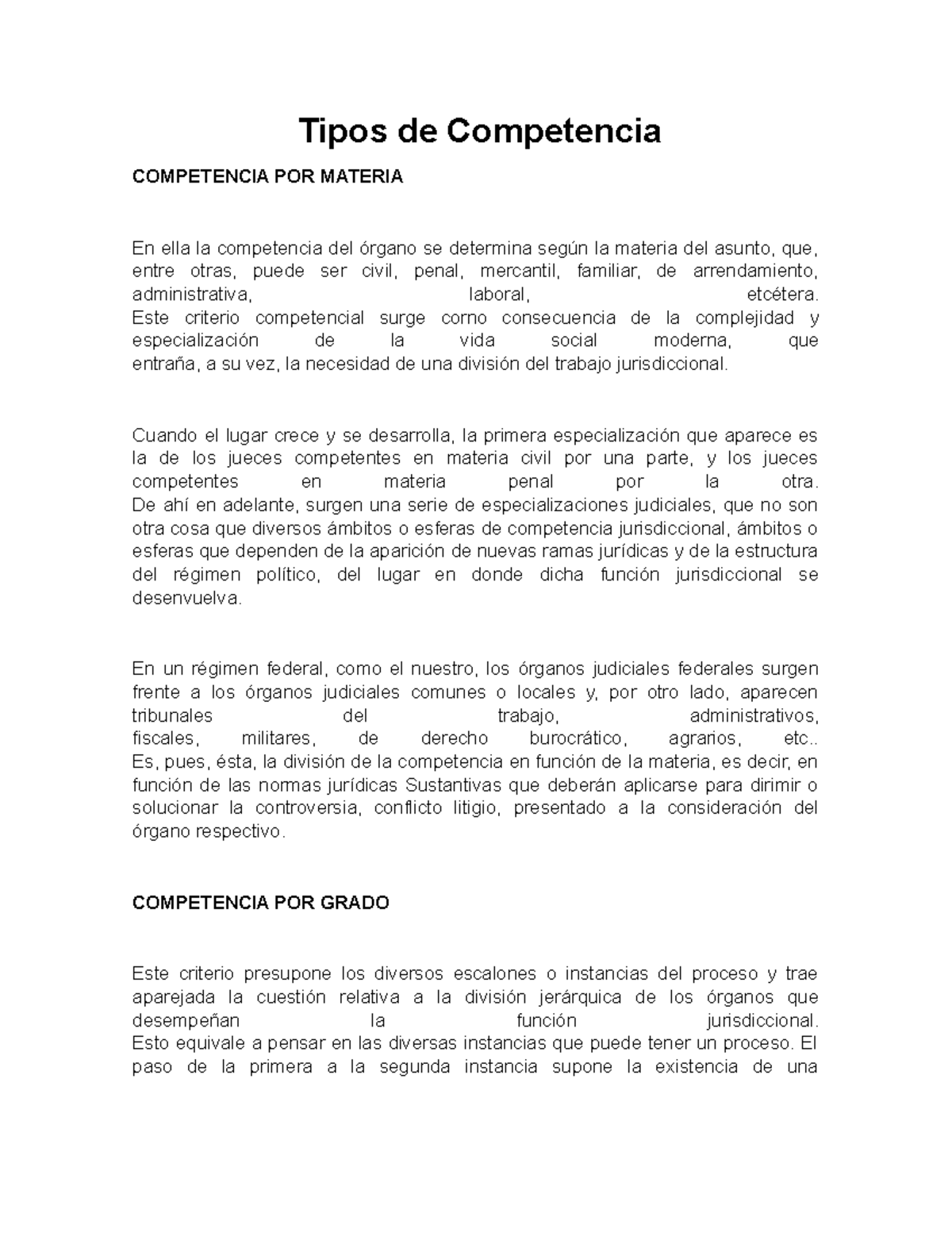 Tipos de Competencia - Apuntes sobre Jurisdicción y Procesos - Studocu