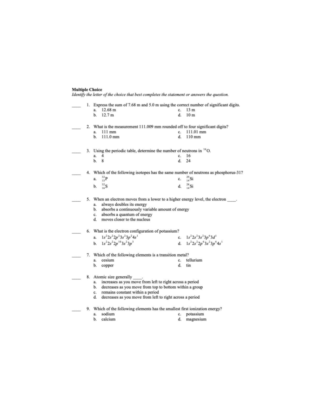 GEN CHEM 1 EXAM 1 PRACTICE: Multiple Choice Questions - Studocu