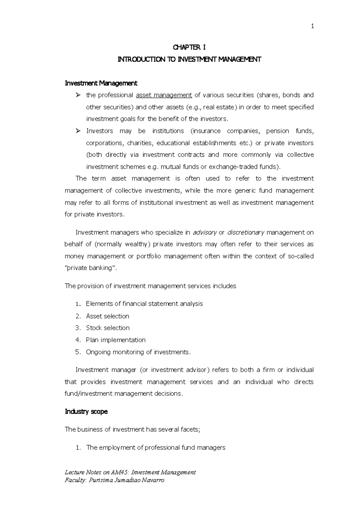 Chapter 1: Introduction to Investment Management (AM45 Lecture Notes ...