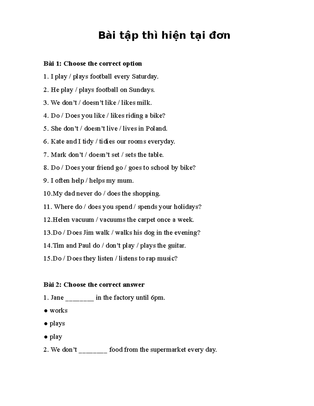 Bài tập thì hiện tại đơn - SDFGHJK - Studocu