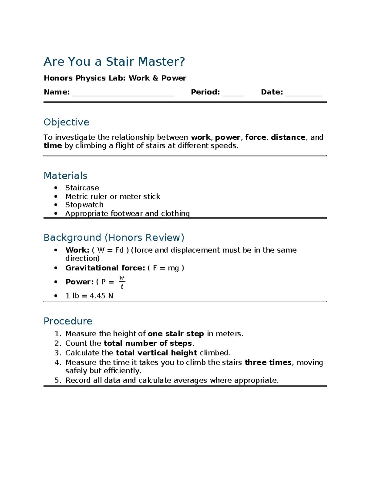 Stair Master Lab: Honors Physics - Work and Power Analysis - Studocu