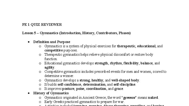 PE 1 QUIZ REVIEWER: Lesson 5 & 6 Gymnastics Overview and Terminology ...
